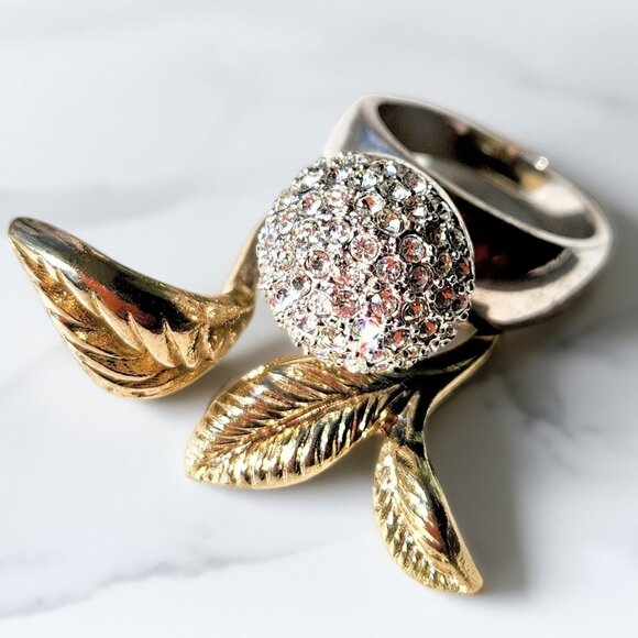 Jewelry | Vintage Gold Leaf Crystal Dome Rings Retro Cocktail Set ...